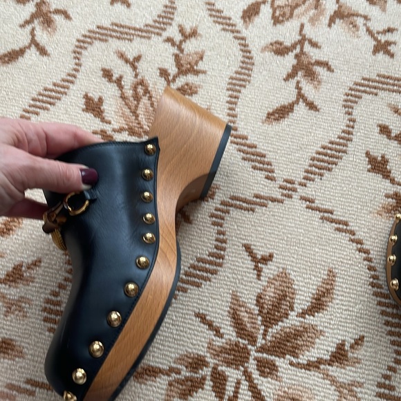 Gucci | Shoes | Gucci Clogs Black Leather Wood Platform Horseshoe ...